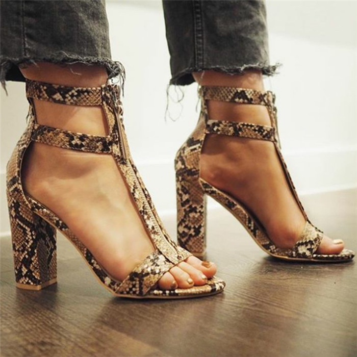 Snake Print T Strap Chunky Heeled Women Sandals on Luulla