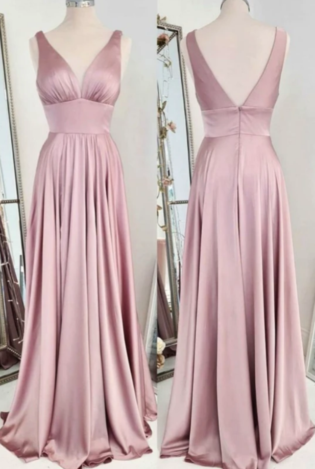 Dusty Rose Plunging Neck Long Prom Dress on Luulla