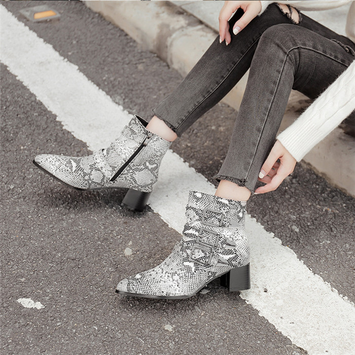 Snakeskin Print Block Heeled Boots Women on Luulla