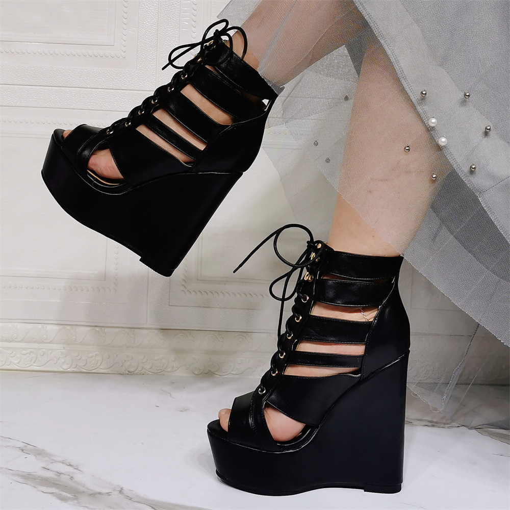 Peep Toe Black Wedge Sandals on Luulla