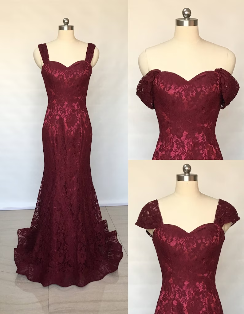 Burgundy Trumpet Formal Occasion Lace Dress With Convertible Strap on ...