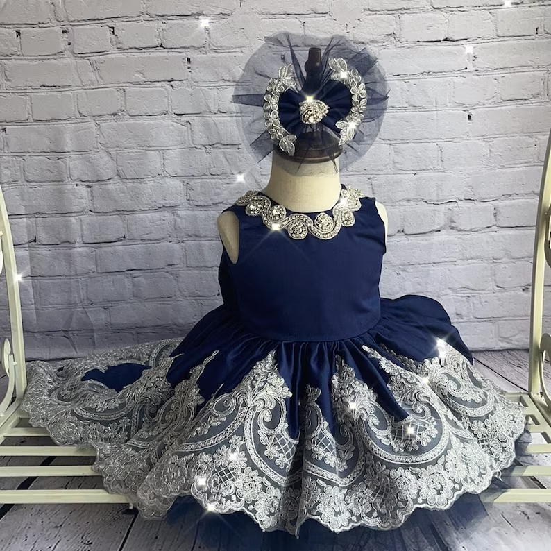 Navy High Low Girl Dress With Silver Appliques on Luulla