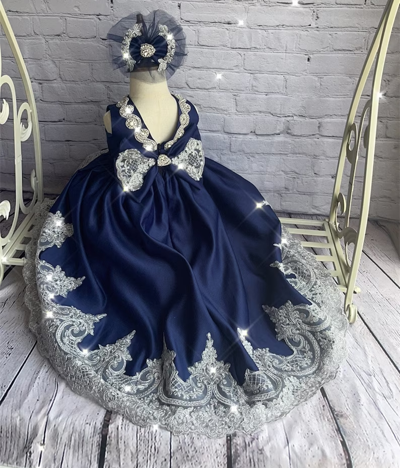 Navy High Low Girl Dress With Silver Appliques on Luulla