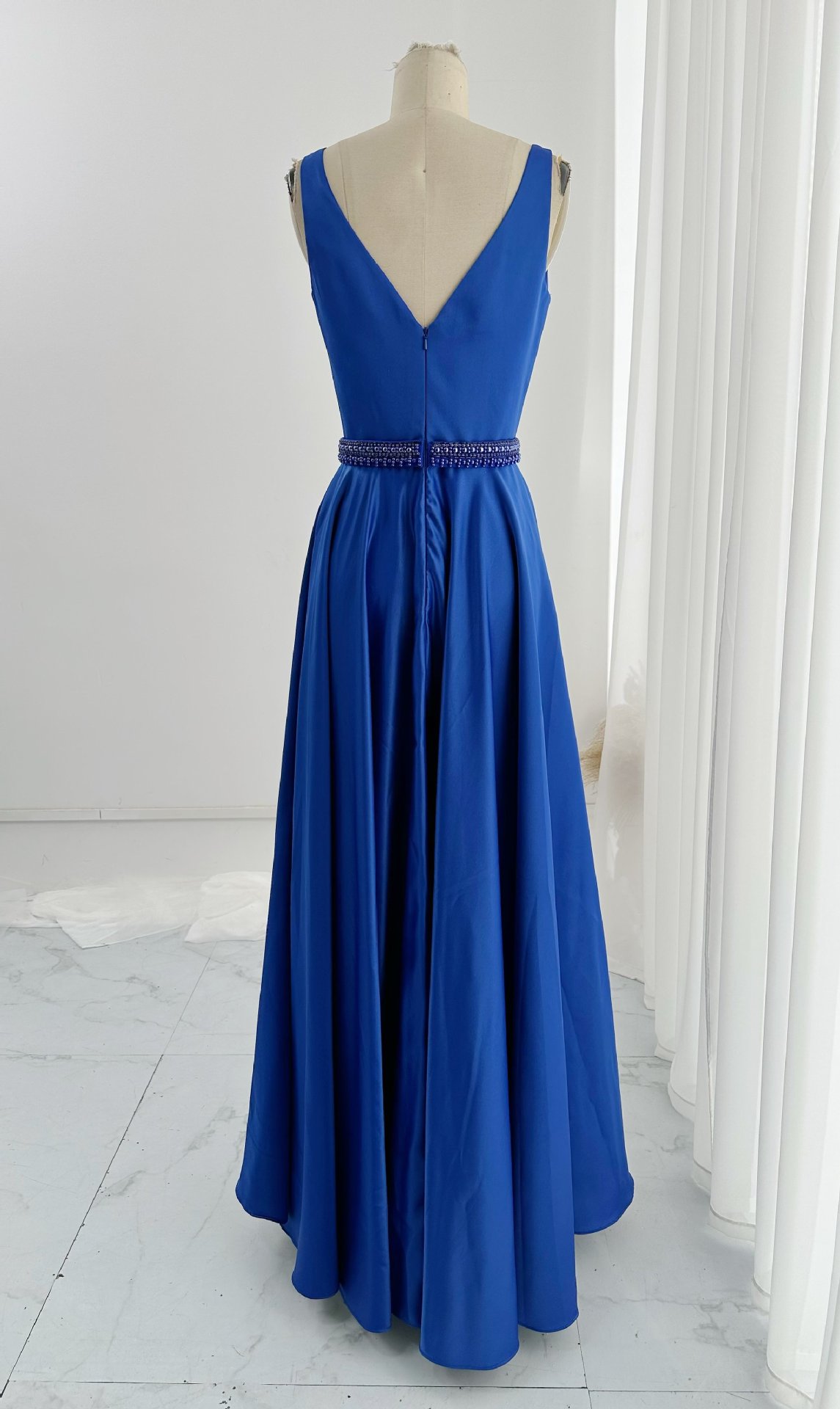 Plunging Neck Royal Blue Satin Prom Dress on Luulla