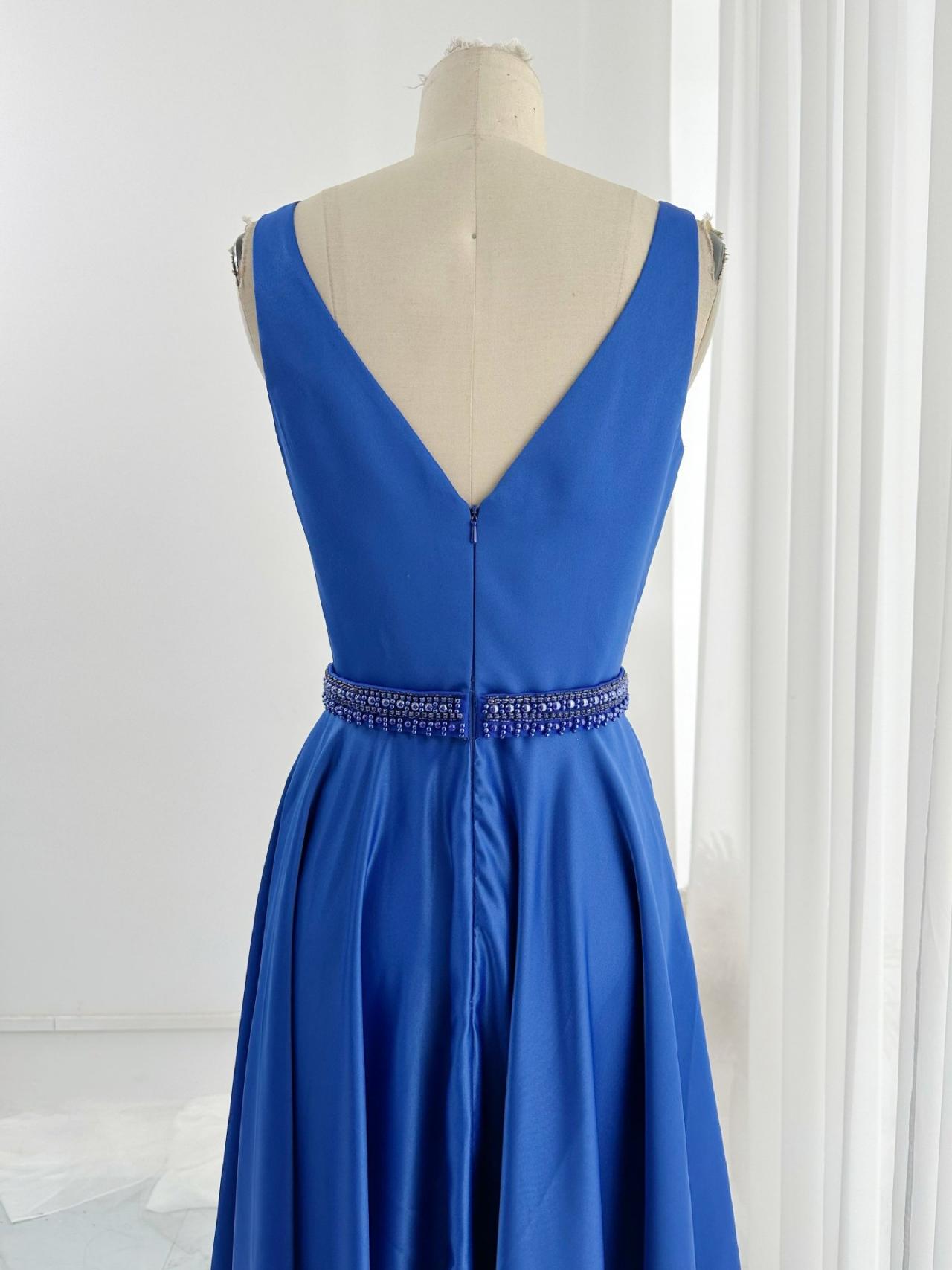 Plunging Neck Royal Blue Satin Prom Dress on Luulla