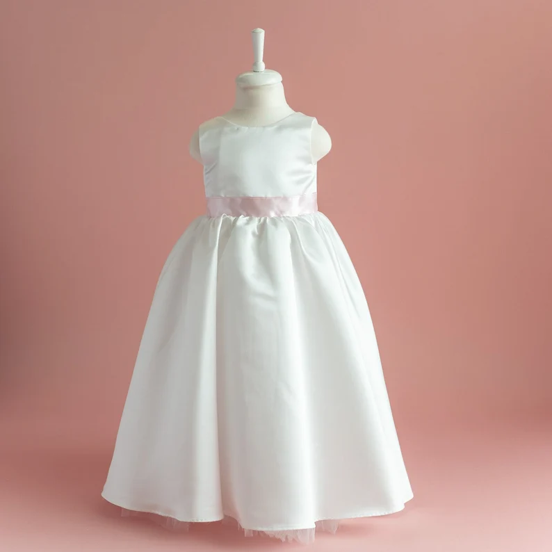 White Satin Flower Girl Wedding Dress With Pink Sash First Communion ...