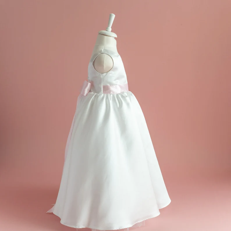White Satin Flower Girl Wedding Dress With Pink Sash First Communion ...