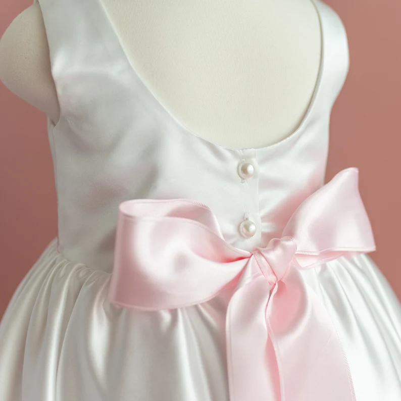 White Satin Flower Girl Wedding Dress With Pink Sash First Communion ...