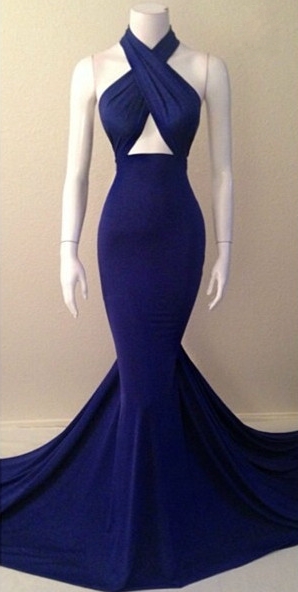 Blue Halter Neck Mermaid Evening Gowns Sexy Simple Long Prom Dresses On