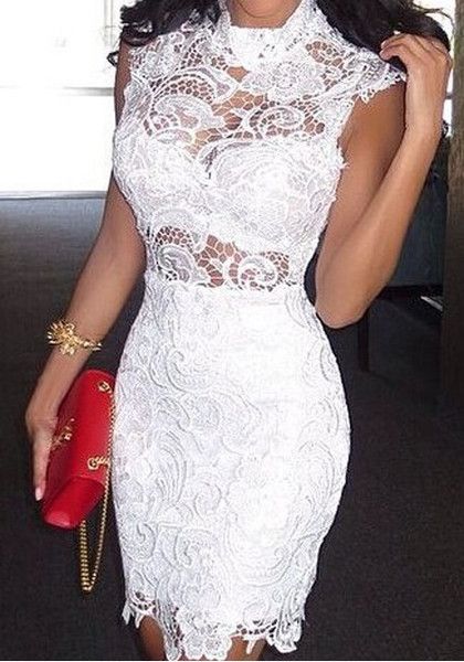 Sheer Neck And Sheer Waist Knee Length Short Lace Dress on Luulla