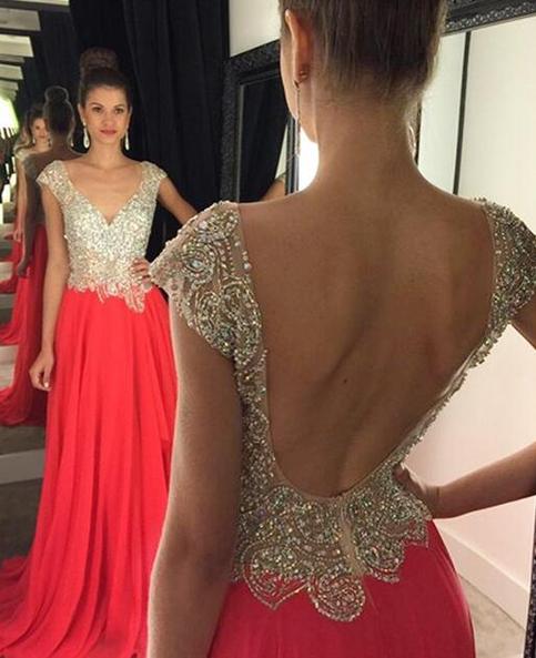 Red Prom Dress Open Back Cap Sleevs on Luulla