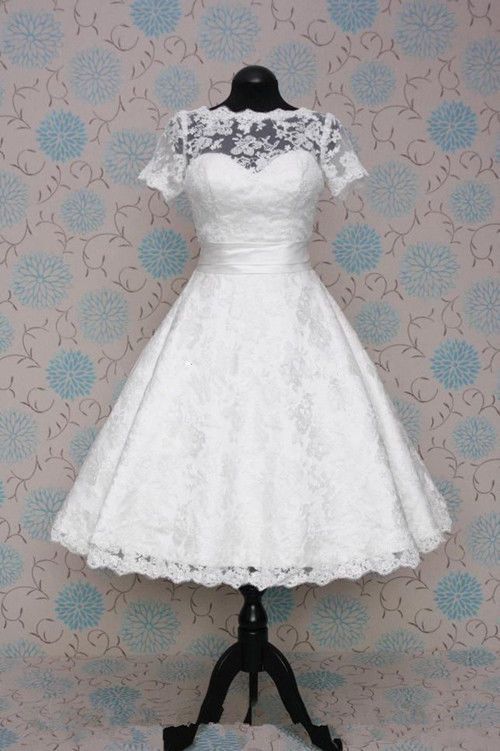 Modest Lace Tea Length Wedding Dress With Short Sleeves on Luulla