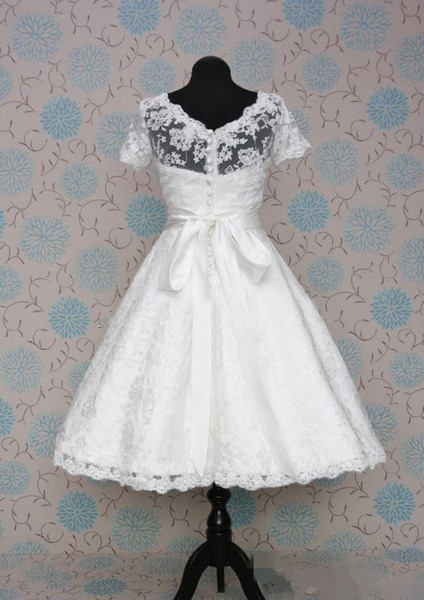 Modest Lace Tea Length Wedding Dress With Short Sleeves on Luulla