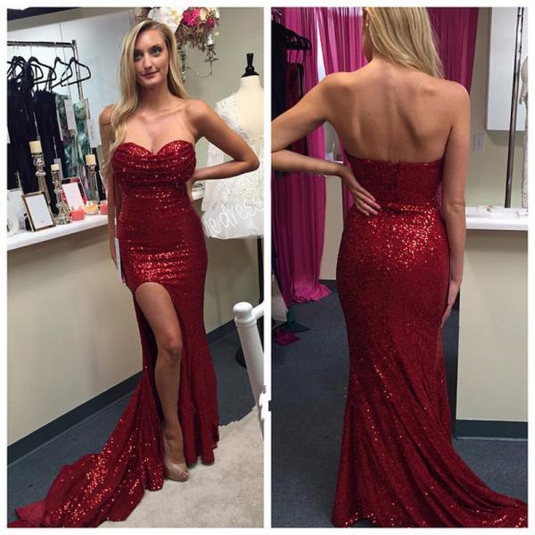 Sleeveless Sweetheart Dark Red Sequin Prom Dress With Side Slit On Luulla