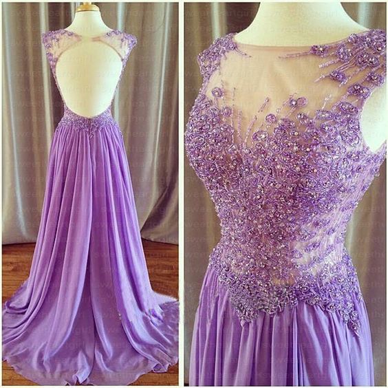 Open Back Lavender Chiffon Prom Dress With Appliques Beads on Luulla