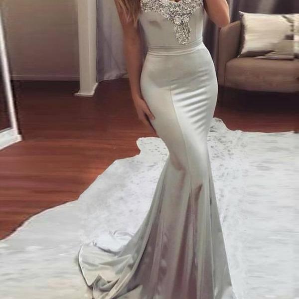 Sleeveless Silver Long Mermaid Prom Dress With Beads On Luulla