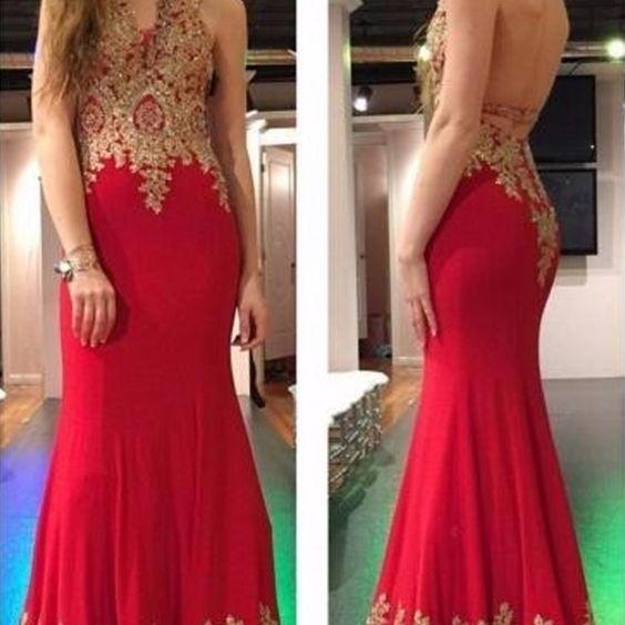 Halter Long Red Prom Dress With Gold Appliques on Luulla