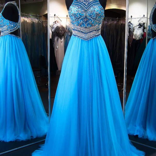 Turquoise Long Beaded Prom Dress With Keyhole Back on Luulla