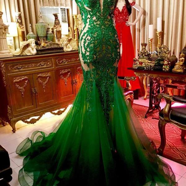 Illusion Back Green Mermaid Prom Dress With Beading on Luulla