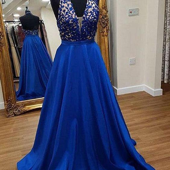 V Neck Royal Blue Halter Prom Dress on Luulla