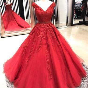Cap Sleeves Red Prom Dress With Lace on Luulla