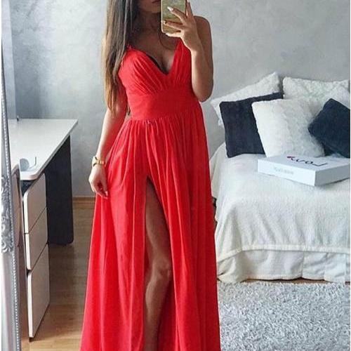 Thin Straps V Neck Red Chiffon Maxi Dress on Luulla