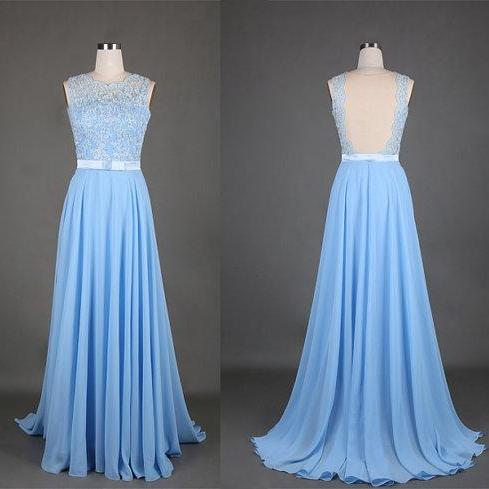 Blue Long Prom Dresses With Open Back Flowy Evening Gown on Luulla