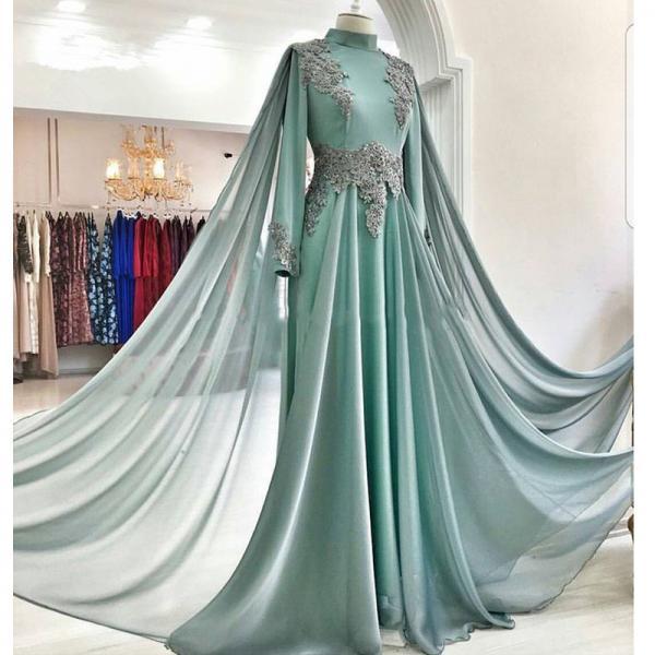 Long Sleeves Chiffon Formal Occasion Dresses With Cape Modest Long ...