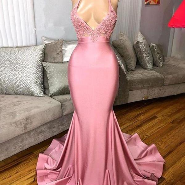 V Neck Backless Halter Prom Dress on Luulla