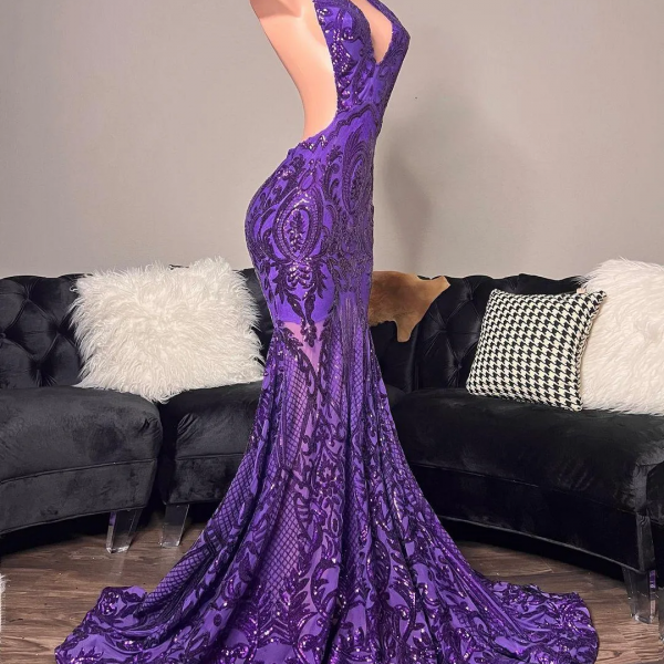 Halter Backless Purple Glitter Prom Dress on Luulla