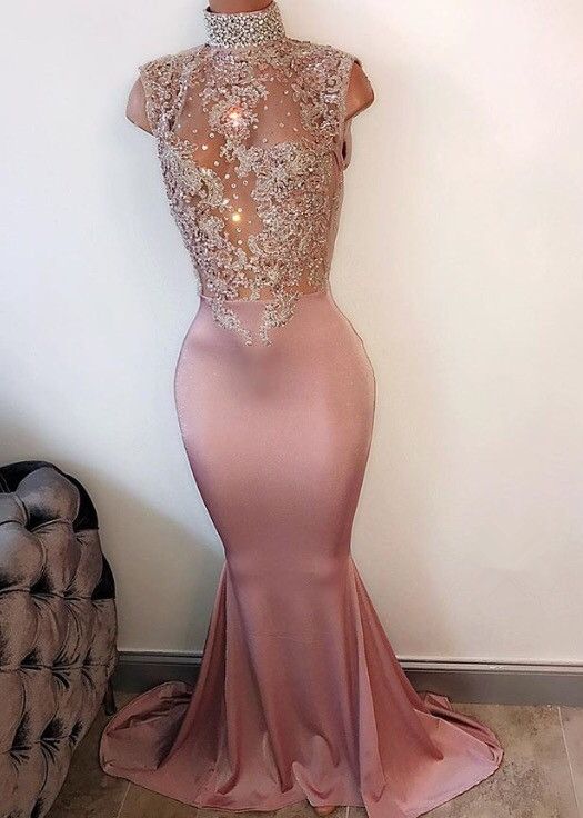 Beaded High Collar Fitted Prom Dress With Crystals Appliques on Luulla