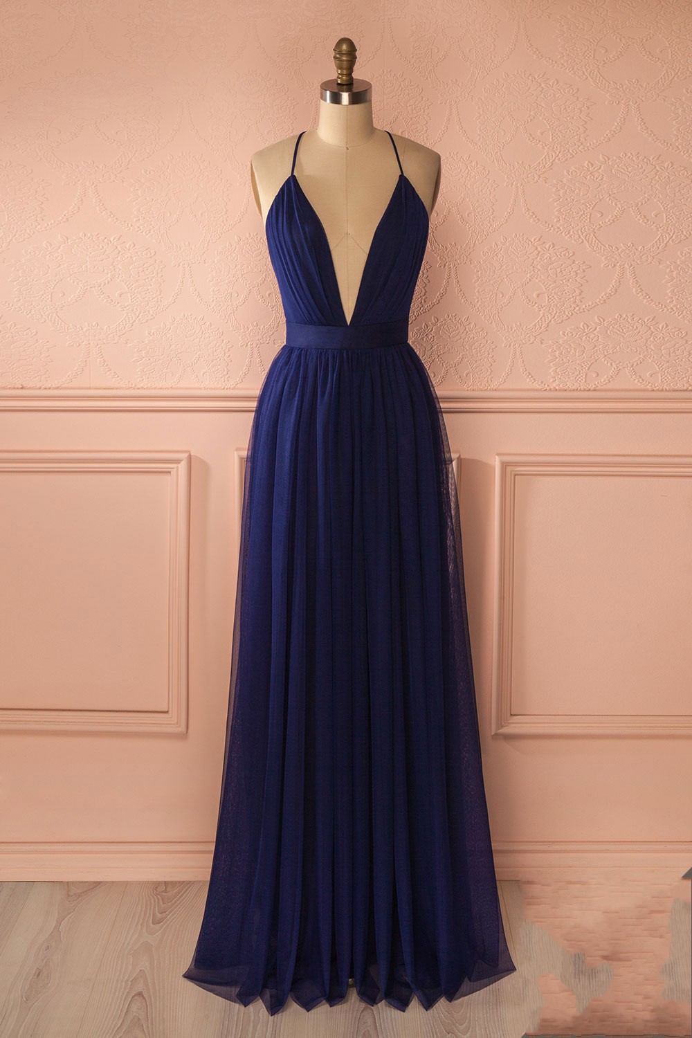 Plunging Neck Navy Blue Maxi Dress on Luulla