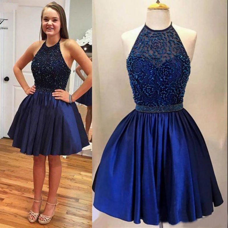 Navy Blue Halter Short Dress With Beads on Luulla