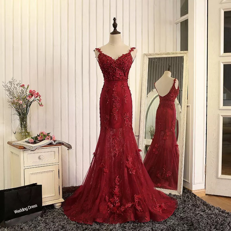 Low Back Burgundy Prom Dress With Lace on Luulla