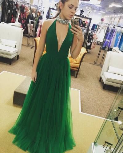 Plunging Neck Long Green Prom Dress With Criss-cross Back Strings on Luulla