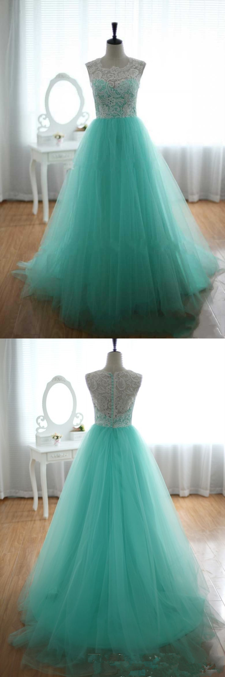 Long Tulle Lace Icy Blue Prom Dress on Luulla