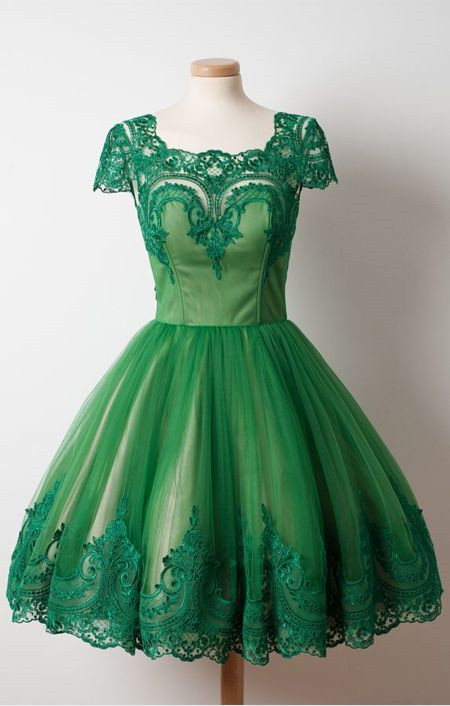 Cap Sleeves Green Short Dress With Lace on Luulla