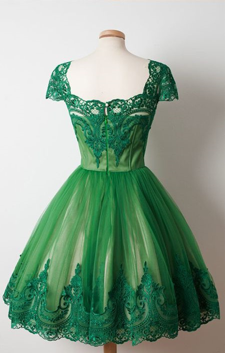 Cap Sleeves Green Short Dress With Lace on Luulla