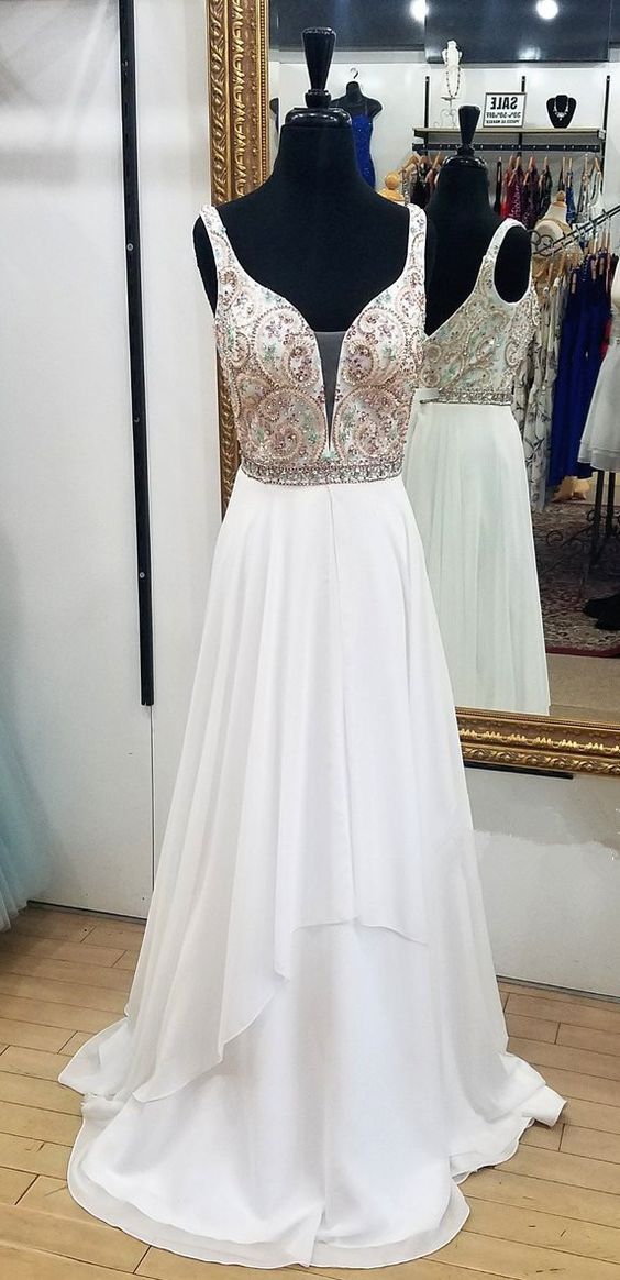 Plunging Neck A-line Chiffon Prom Dress With Low Back on Luulla