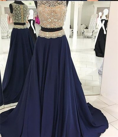 Two Pieces Navy Prom Dress With Beaded Crop Top on Luulla