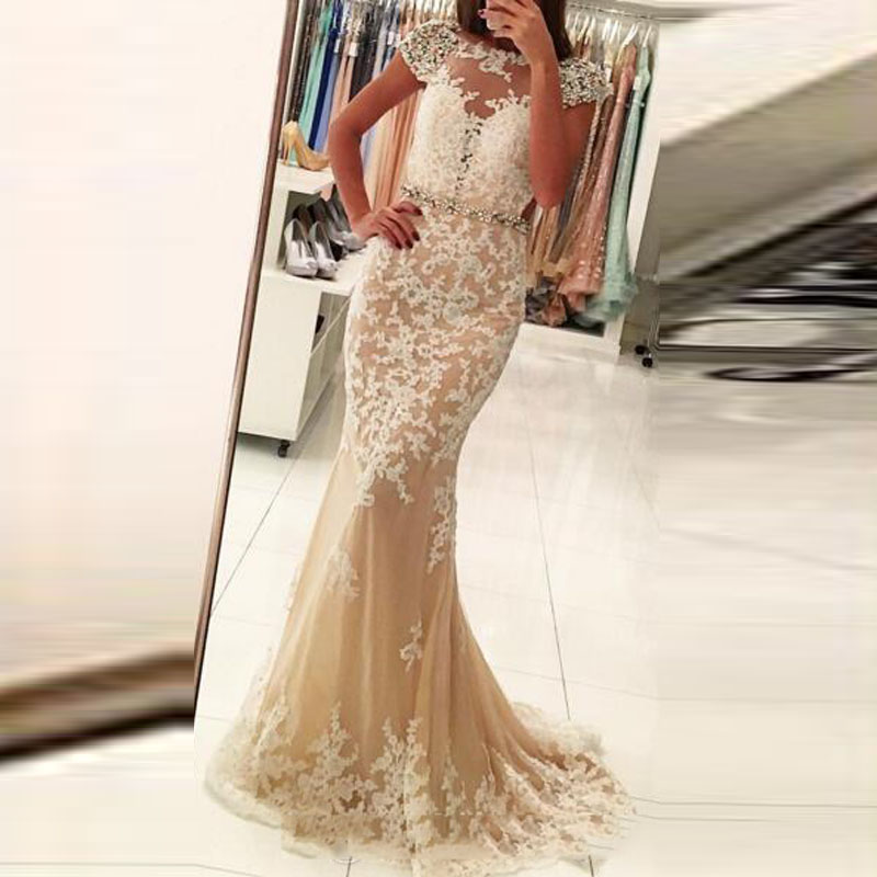 Sheer Neck Prom Dress With Short Sleeves Evening Dress on Luulla