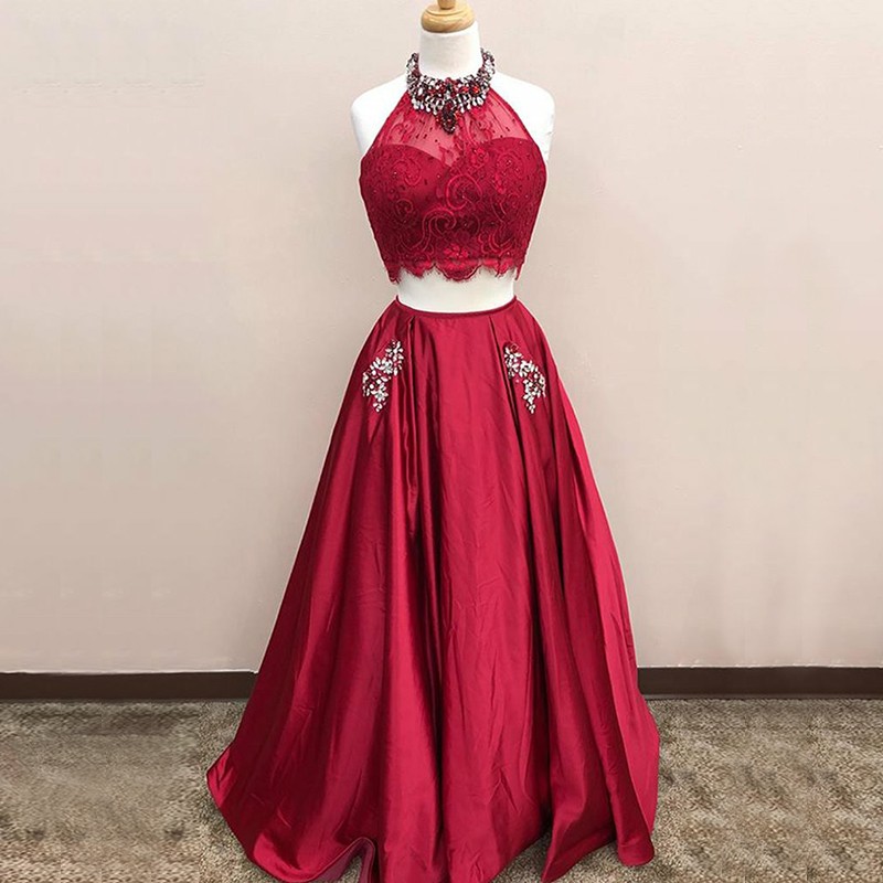 Beaded Collar Two Pieces Prom Dress With Pockets on Luulla