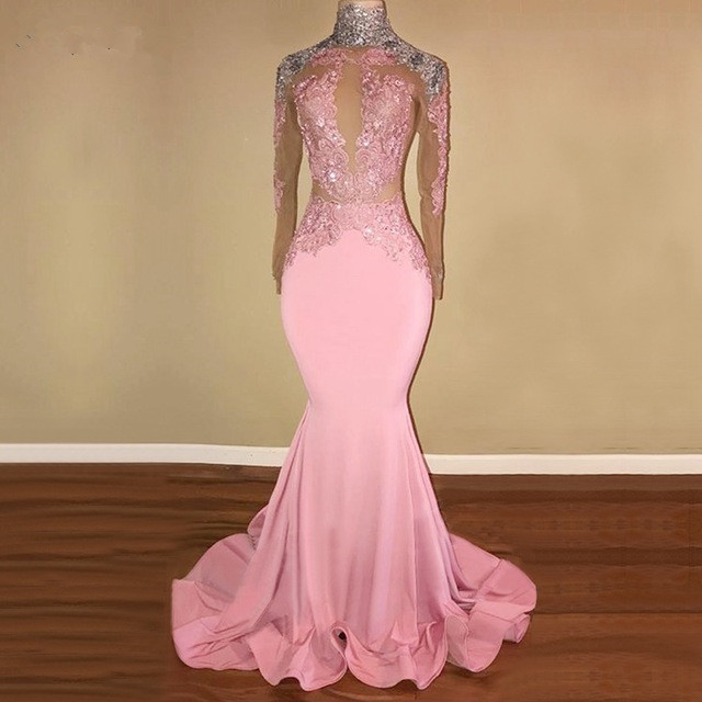 High Neck Backless Pink Long Sleeves Prom Dress With Silver Appliques ...