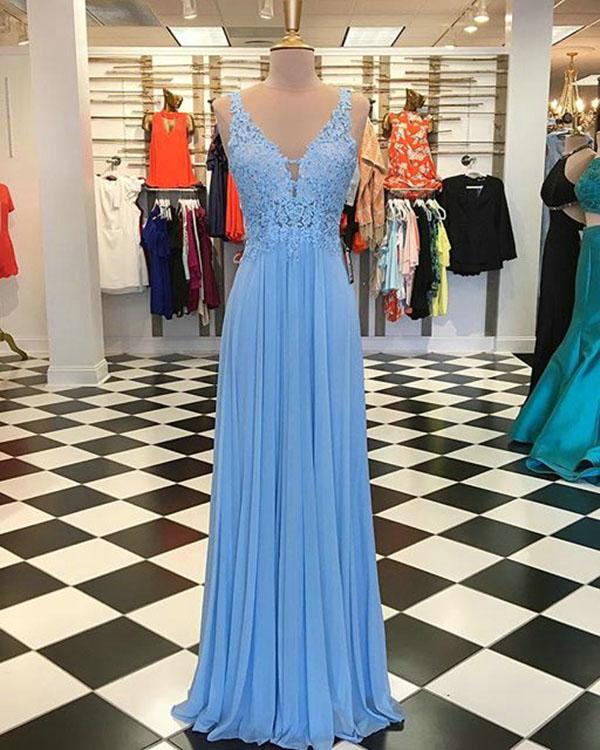 Flowy Light Blue Prom Dresses With V-neck Appliqued Lace Long Chiffon ...