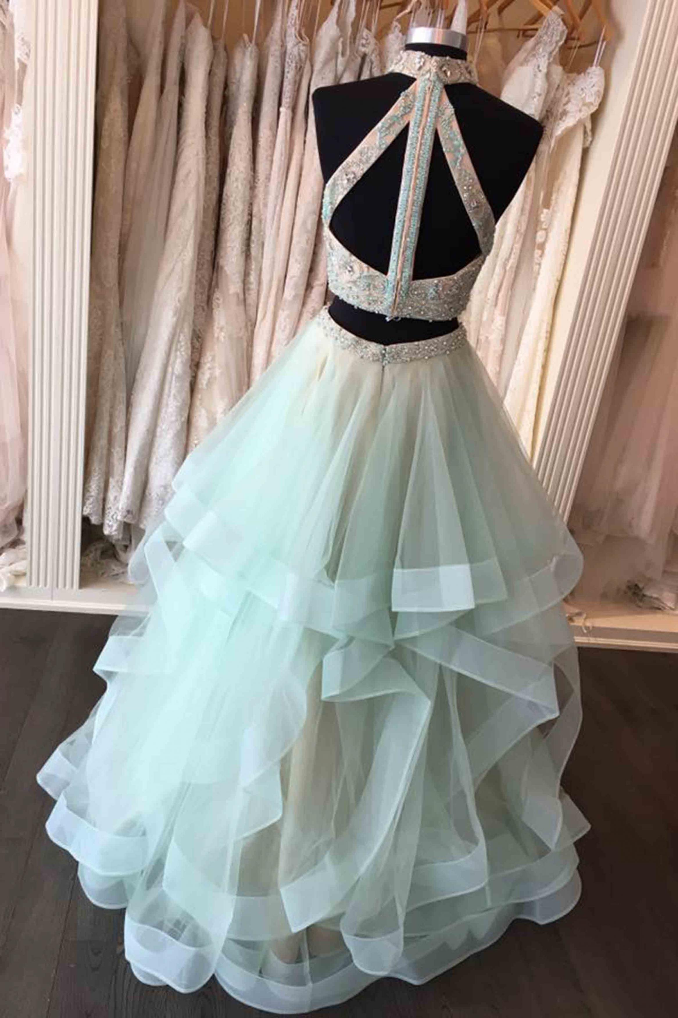 Light Mint Two Pieces Prom Dress With Tiered Skirt on Luulla