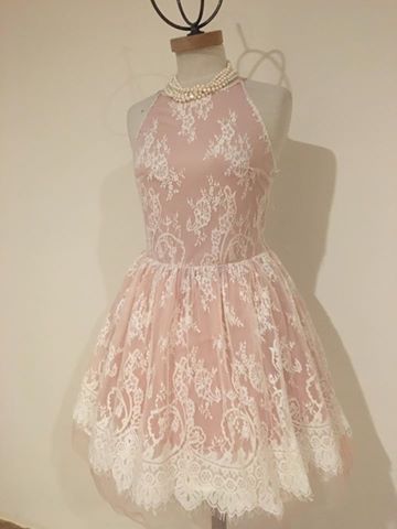 Backless Halter Short Lace Homecoming Dress on Luulla