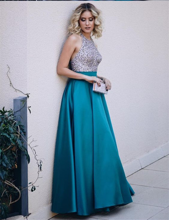 Long Halter Prom Dress With Silver Beaded Bodice on Luulla