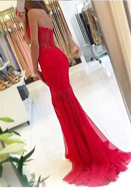 Spaghetti Straps Sweep Train Red Prom Dress With Appliques on Luulla