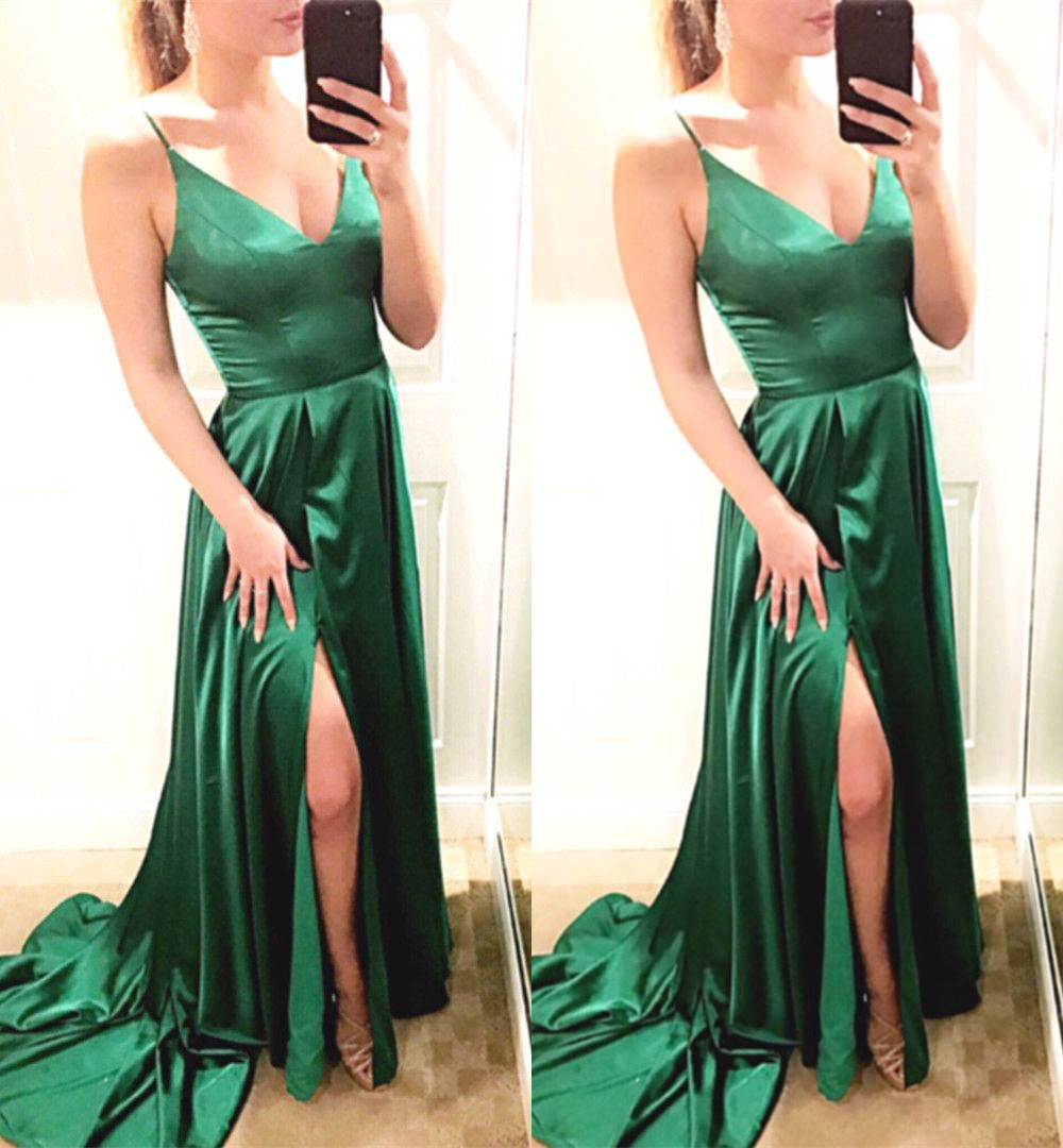 V Neck Green Prom Dress With Split on Luulla