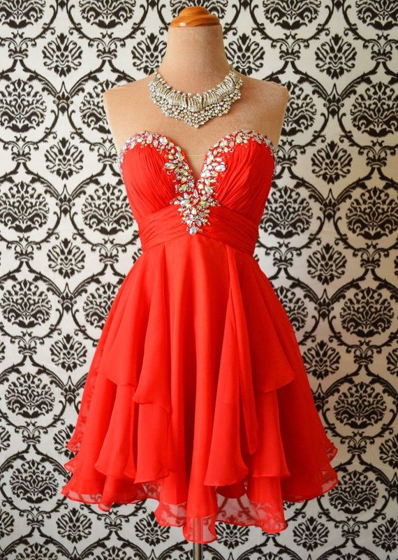 Short Coral Homecoming Party Dress With Beaded Neckline on Luulla